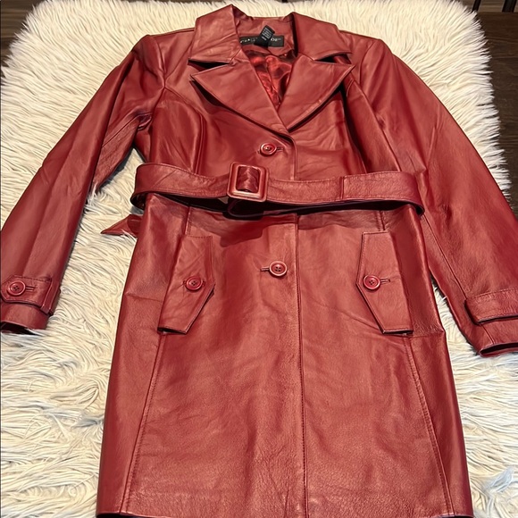 Centigrade | Jackets & Coats | Elegant Red Leather Overcoat With Belt ...